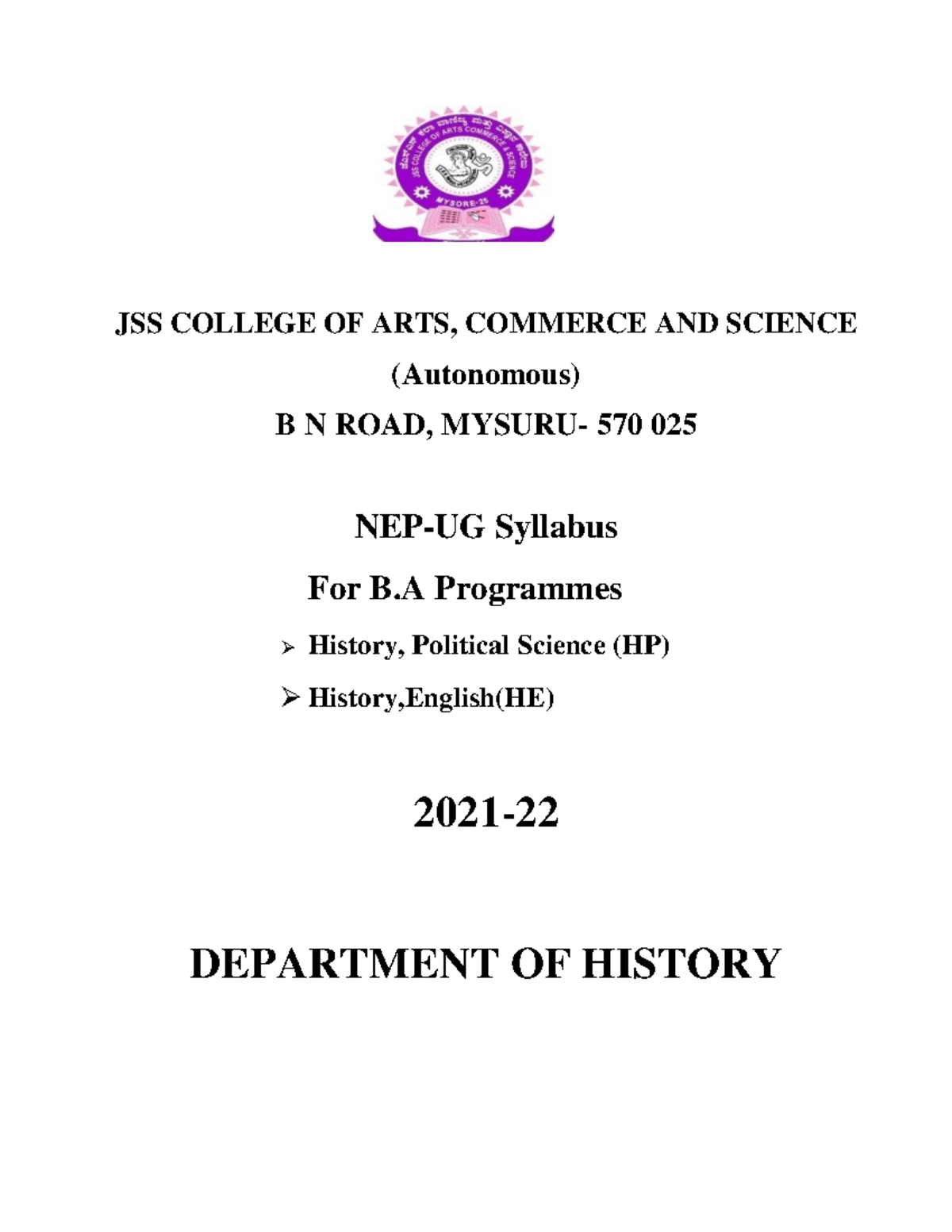 History NEP Syllabus 2021-2022 - JSS COLLEGE OF ARTS, COMMERCE AND ...