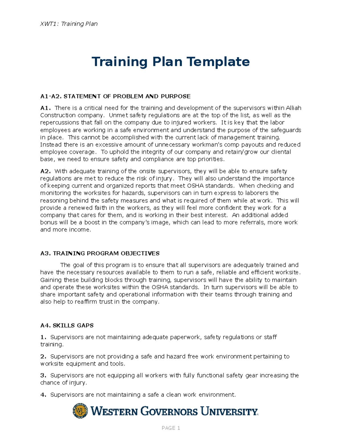 C235 Task 1 Training Plan - XWT1: Training Plan Training Plan Template ...