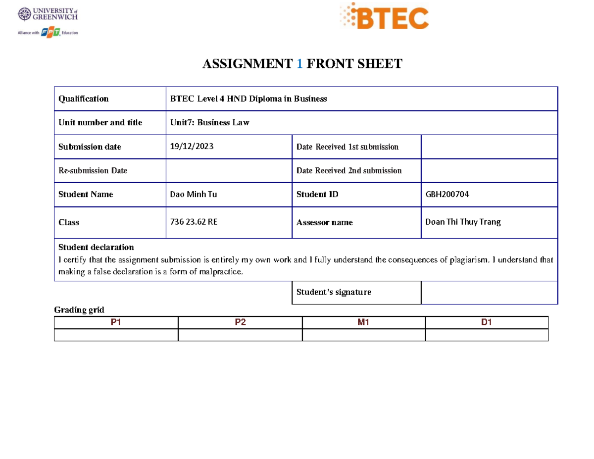 736 asm1 Minhtu - asm 1 gw hanoi - ASSIGNMENT 1 FRONT SHEET Qualification BTEC Level 4 HND ...