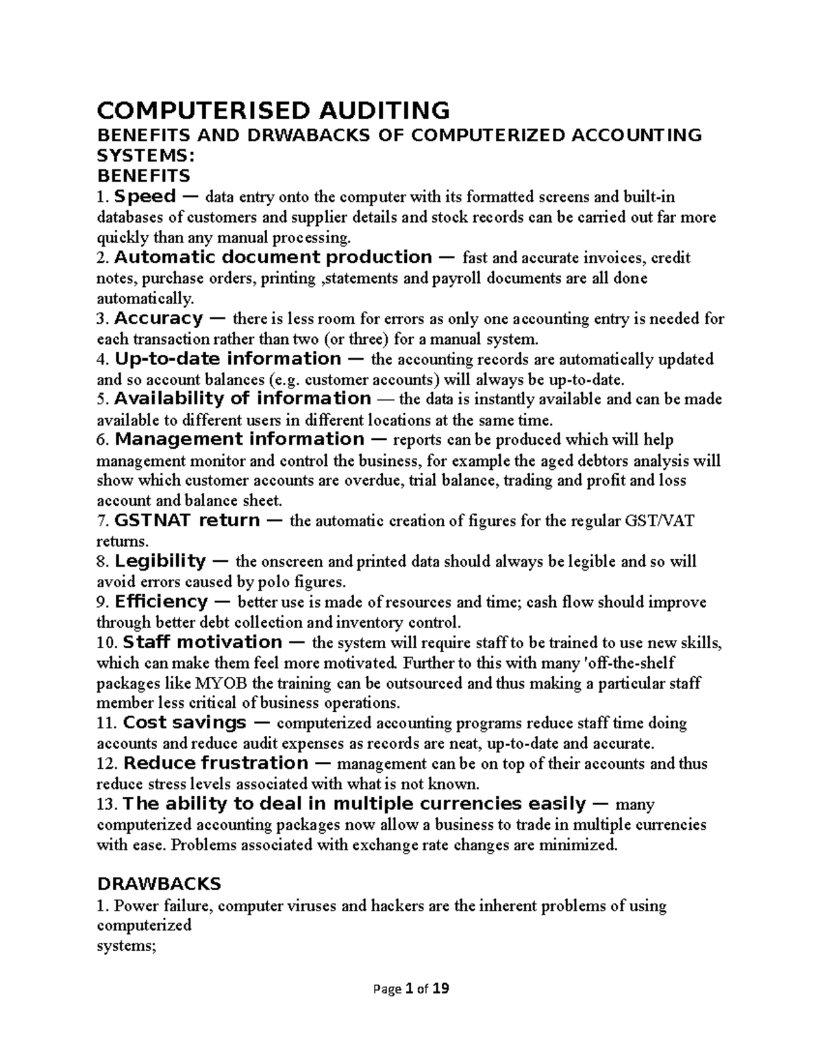 Computerised Auditing - COMPUTERISED AUDITING BENEFITS AND DRWABACKS OF COMPUTERIZED ACCOUNTING ...
