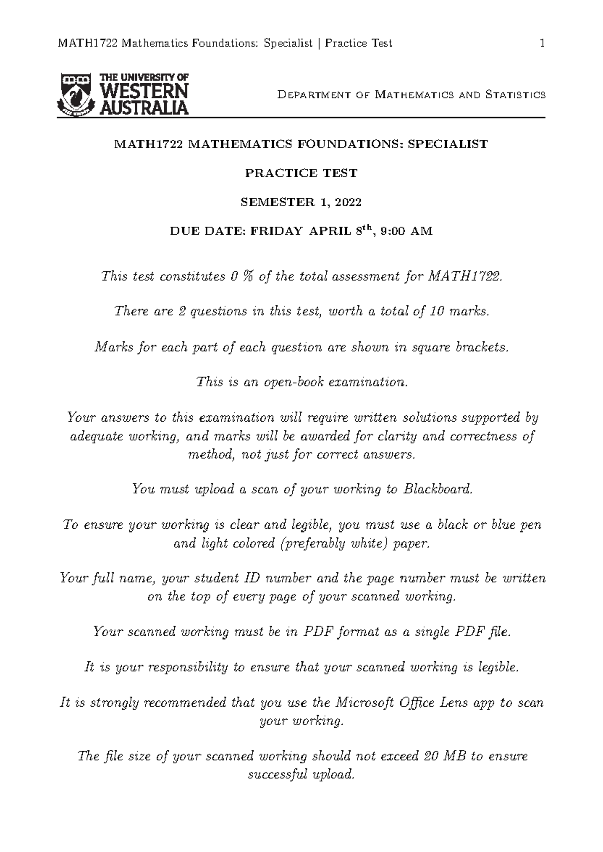 PRAC MATH exam 2023 - MATH1722 Mathematics Foundations: Specialist ...