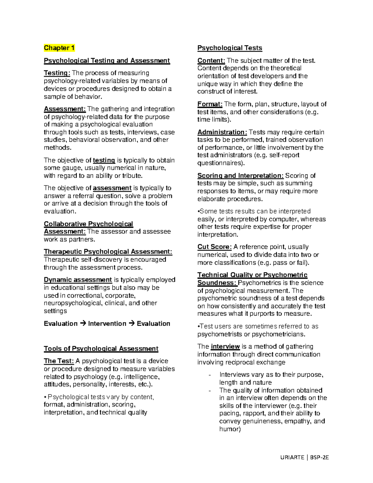 Psych-assessment-reviewer - URIARTE | BSP-2E Chapter 1 Psychological ...