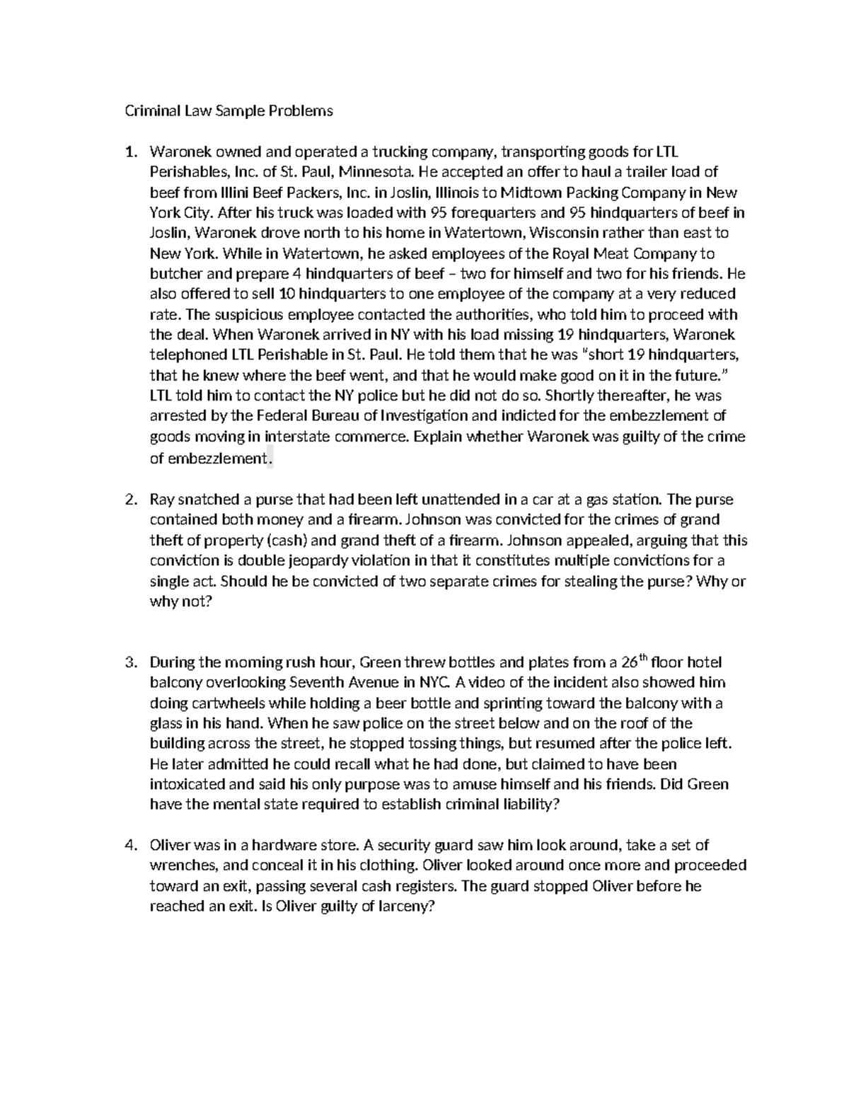 Class 8 - Criminal Law Sample Probs - Criminal Law Sample Problems ...