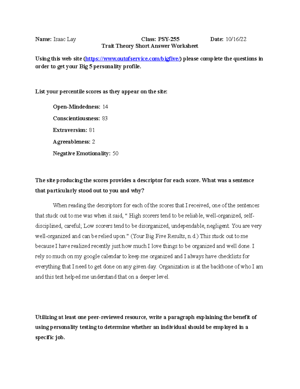 Trait Theory Worksheet - Isaac Lay - Name: Isaac Lay Class: PSY-255 ...