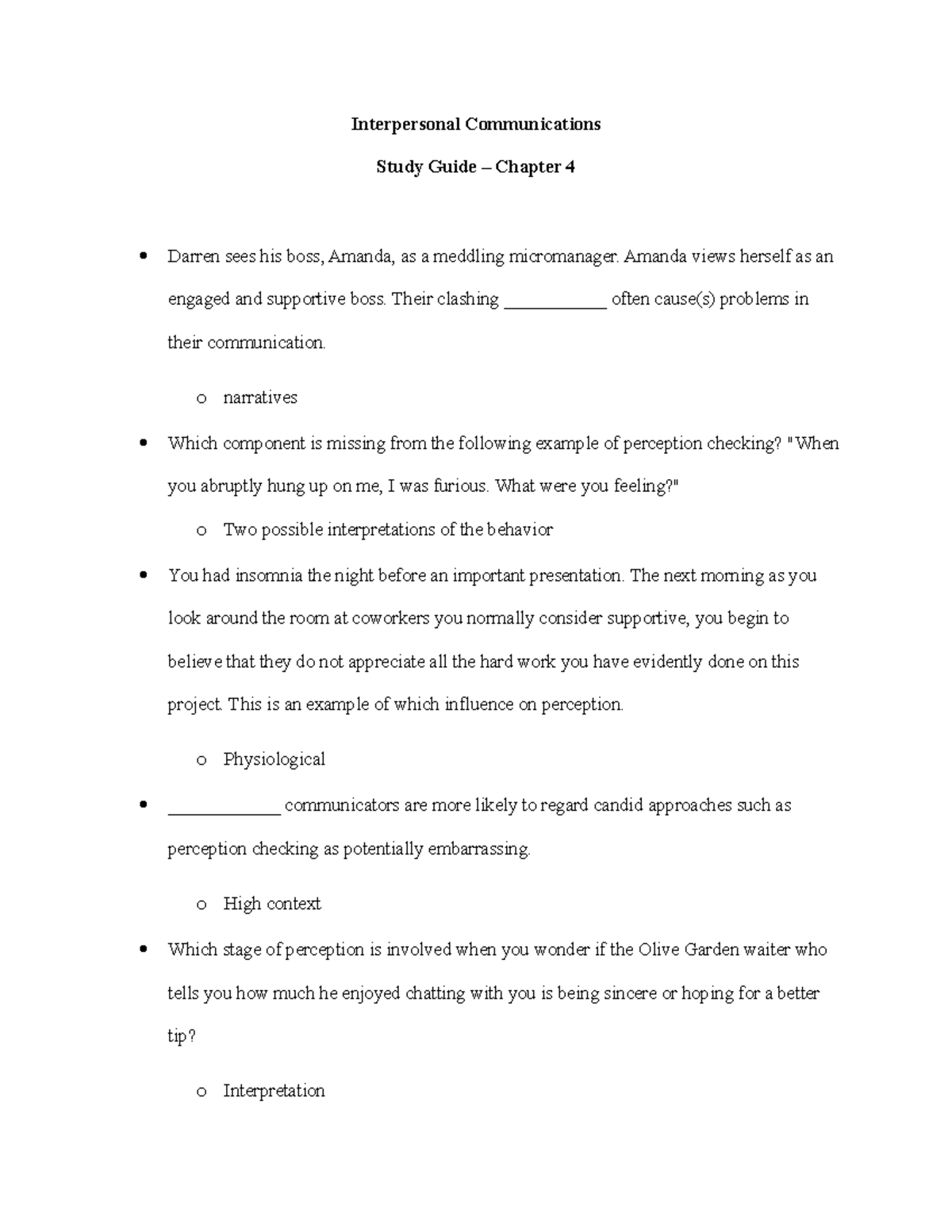 Interpersonal Communications- Chapter 4 Study Guide - Interpersonal ...