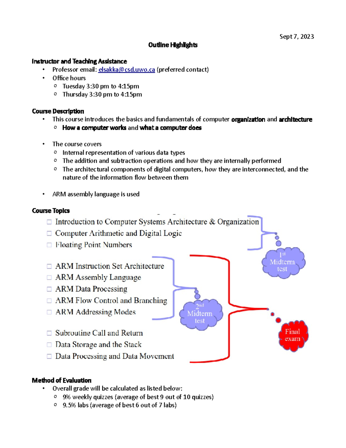 week 1 computer science 2208 - Sept 7, 2023 Outline Highlights Instructor and Teaching ...