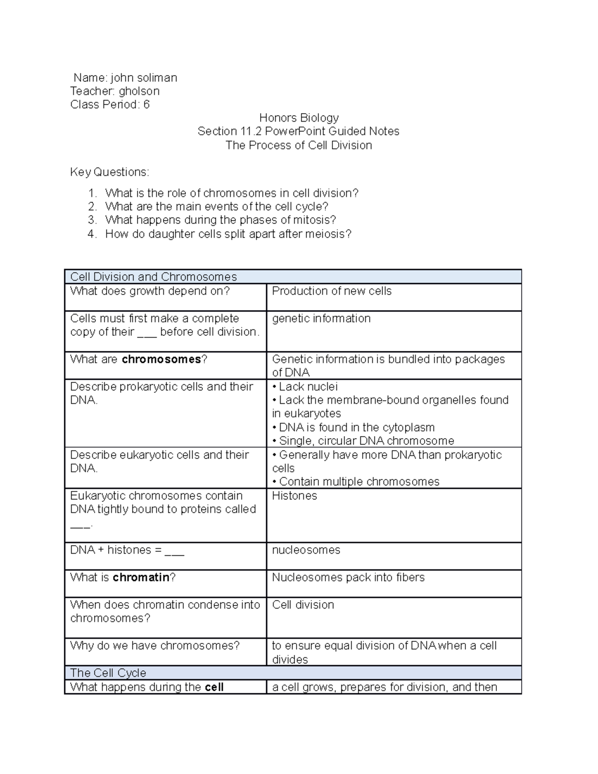 11.2 Biology The Process of Cell Division Guided Notes - Name: john ...