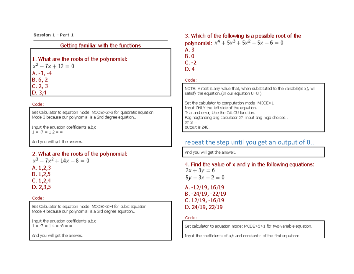 Cal. Tech 9 - Calculator Techniques - Session 1 - Part 1 Getting familiar with the functions 1 ...