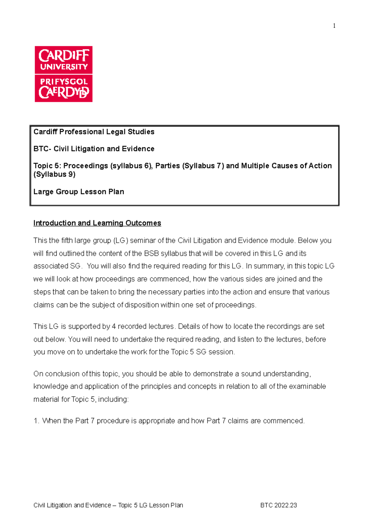 Topic 5 LG Lesson Plan 22 - Cardiff Professional Legal Studies BTC ...