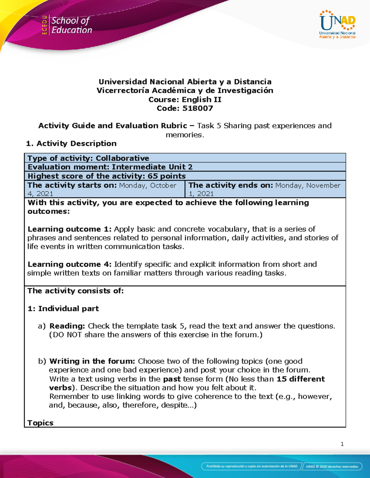 Activity Guide and Evaluation Rubric - Unit 2 - Task 5 - Sharing past ...
