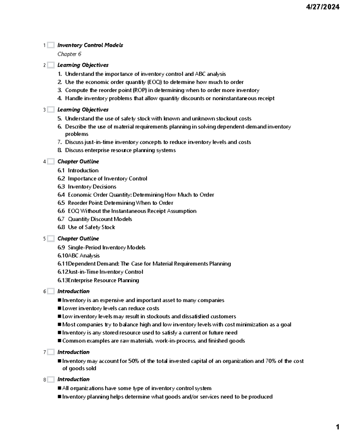 Ch6 inv - Summary Quantitative Research Methods - 4/27/ 1 Inventory ...