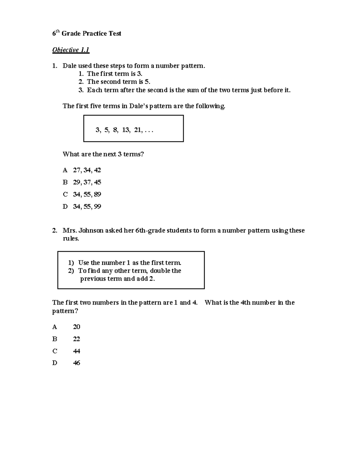 6th Grade Practice Test 6 Th Grade Practice Test Objective 1 Dale