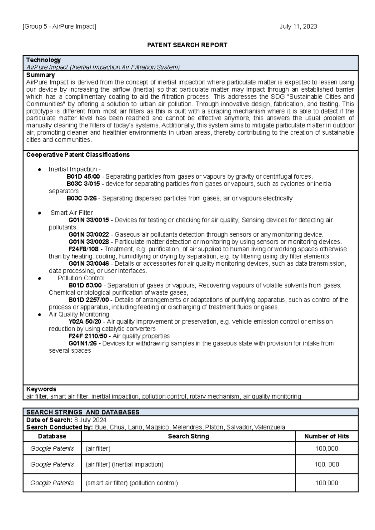 Group#5 Patent Search Report - [Group 5 - AirPure Impact] July 11, 2023 ...
