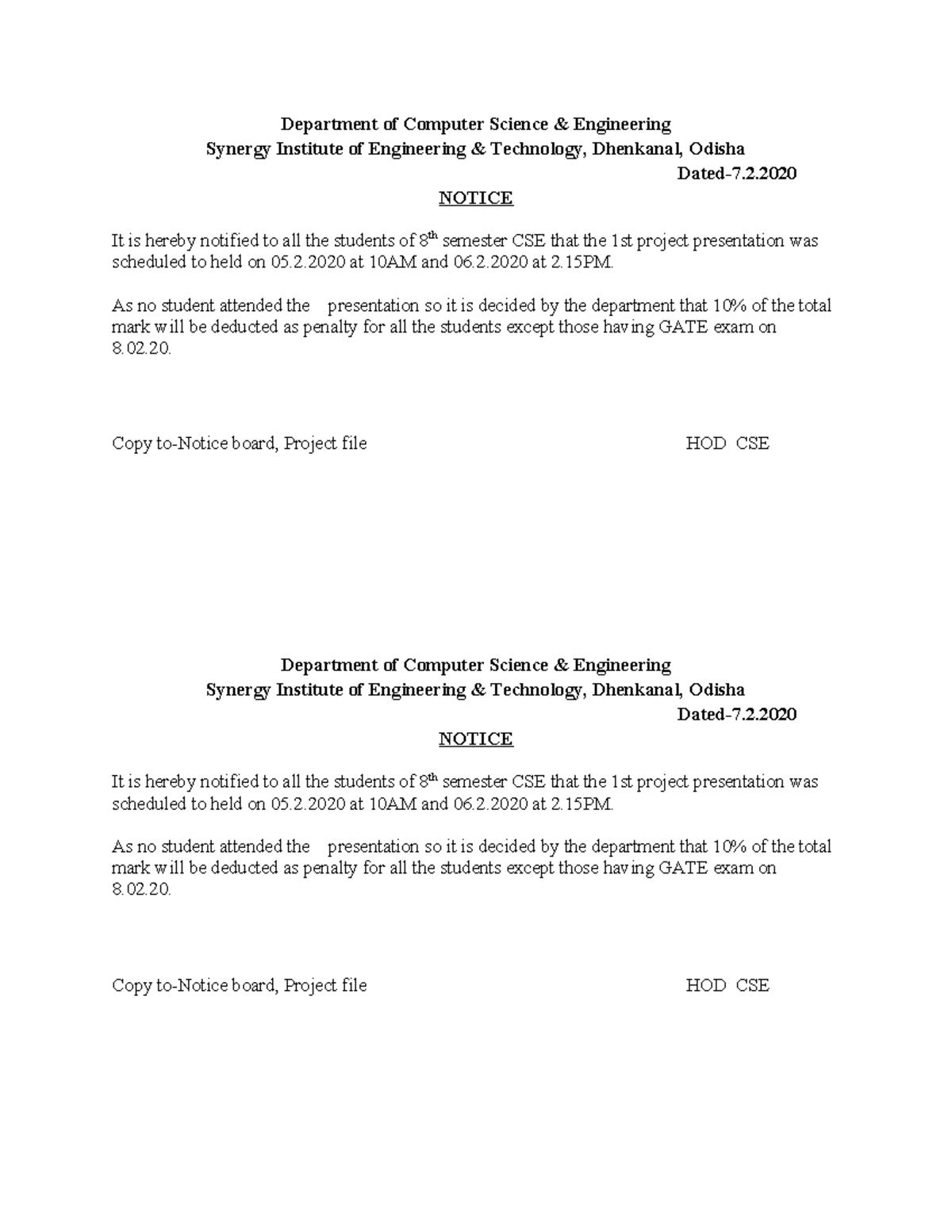 Project absent notice - Department of Computer Science & Engineering ...