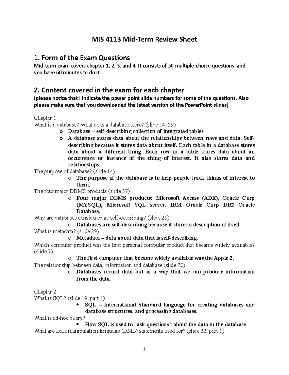 MIS 4113 Mid Term Exam Review Sheet - MIS 4113 Mid-Term Review Sheet 1. Form of the Exam ...