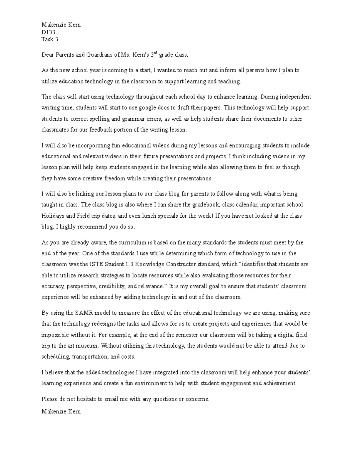 D173 task 3 Final - Task 3 - Makenzie Kern D Task 3 Dear Parents and Guardians of Ms. Kern’s 3rd ...