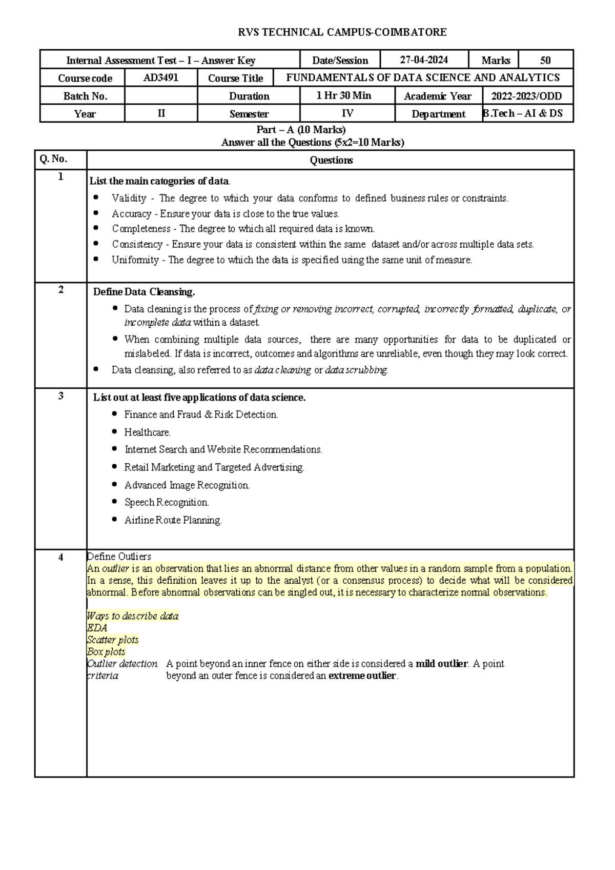 IT1 answer key - RVS TECHNICAL CAMPUS-COIMBATORE Internal Assessment ...