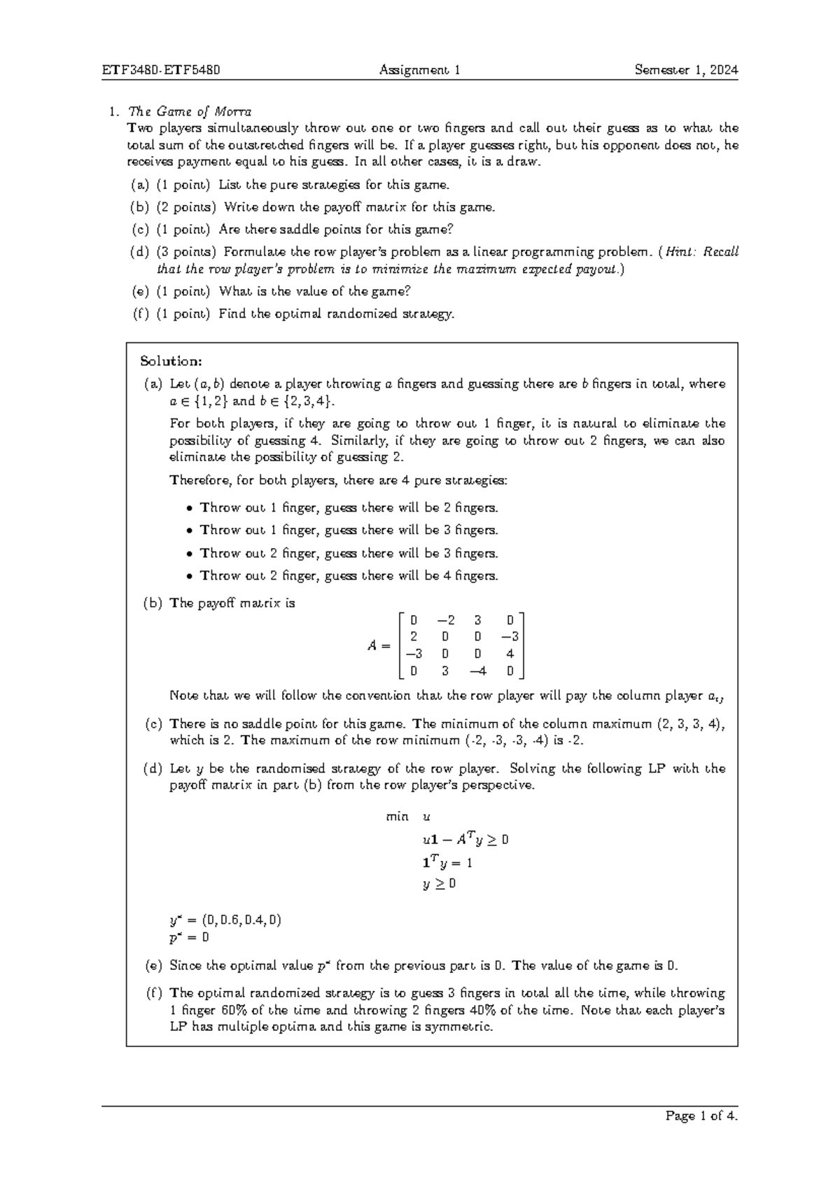 ETF3480 Assignment 1 solution - The Game of Morra Two players ...