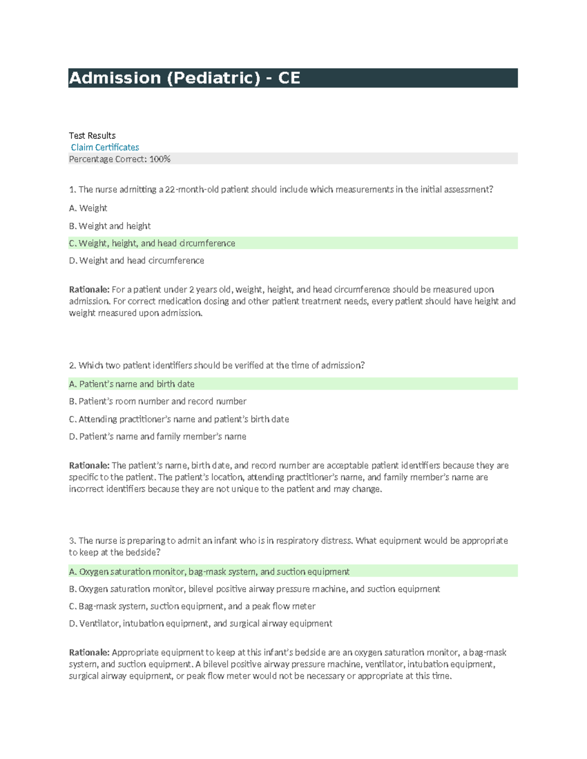 Evolve Admission (Pediatric)- Test Elsevier - Admission (Pediatric ...