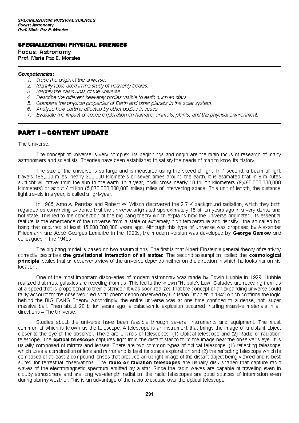 Astronomy - ERGERG - _Focus: Astronomy Prof. Marie Paz E. Morales - Studocu
