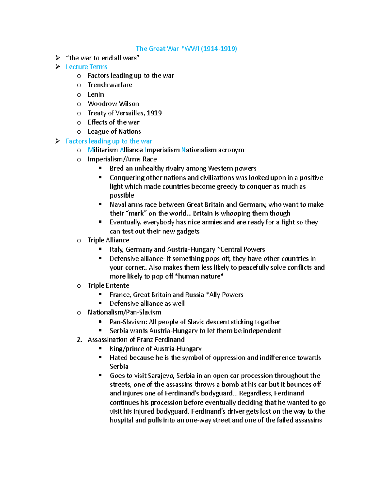 The Great War - Lecture notes 1 - The Great War *WWI (1914-1919) “the ...