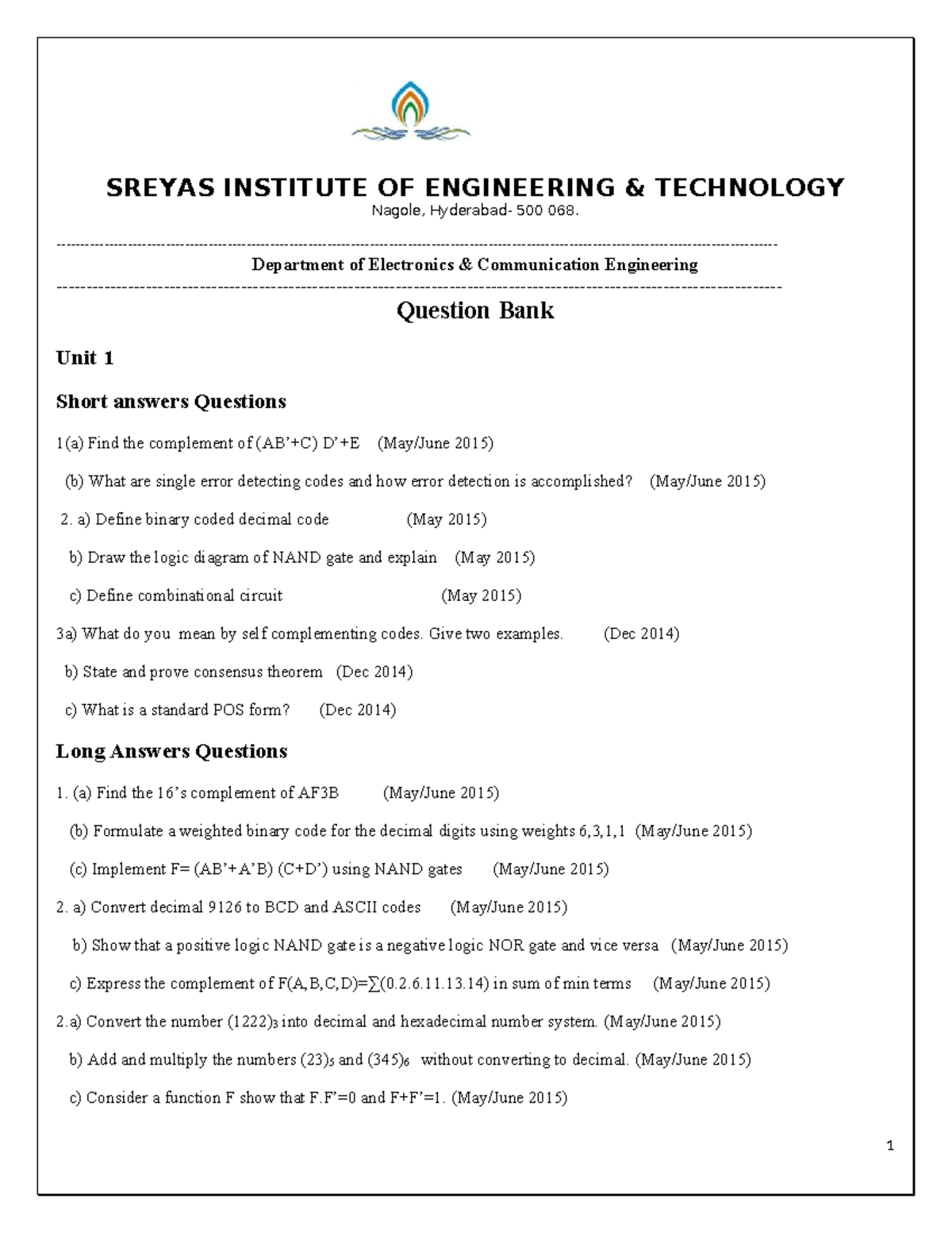 DSD question bank - Digital system design note - SREYAS INSTITUTE OF ENGINEERING & TECHNOLOGY ...