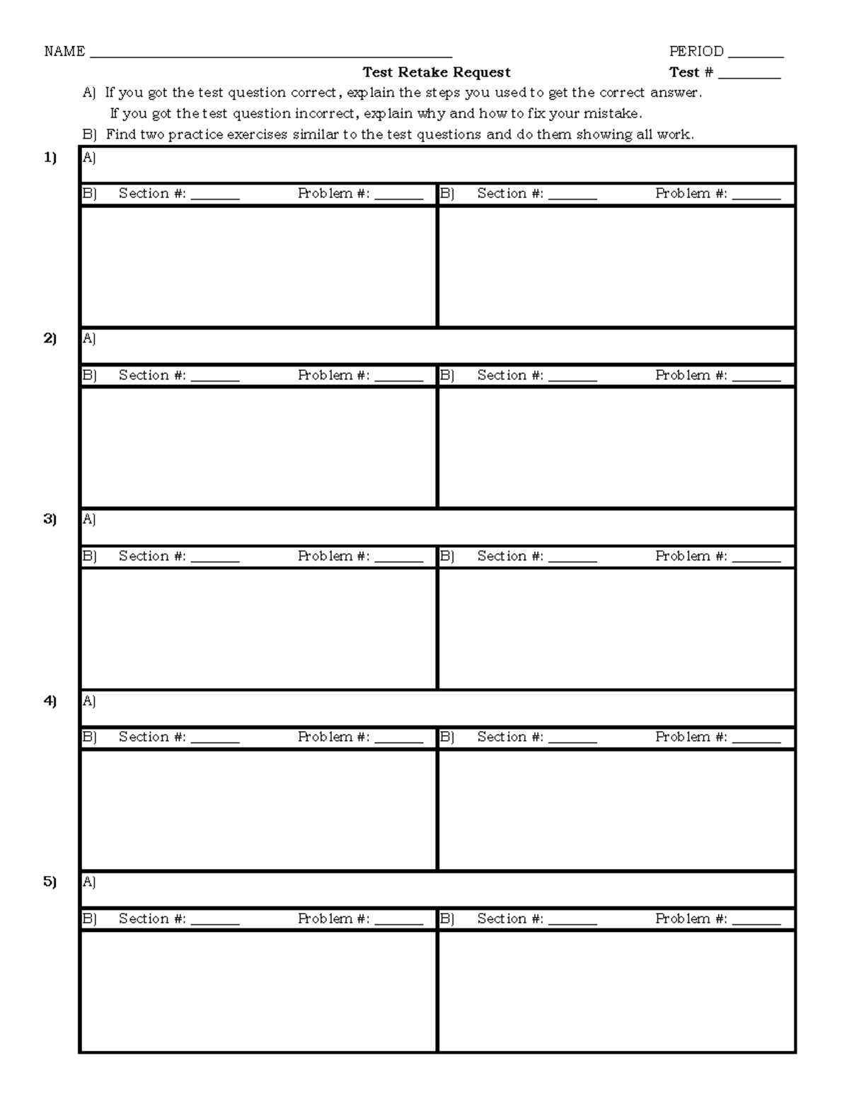 Math Test Retake Request - NAME ...