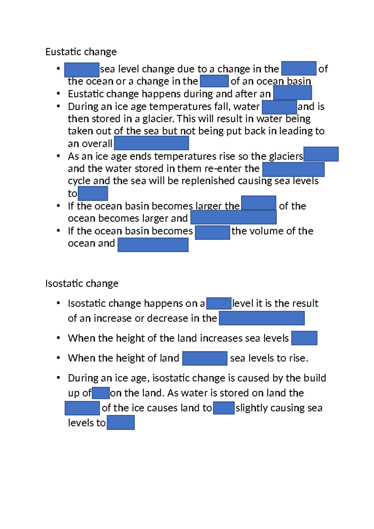 Geo hand out sheet - Eustatic change - Global sea level change due to a ...