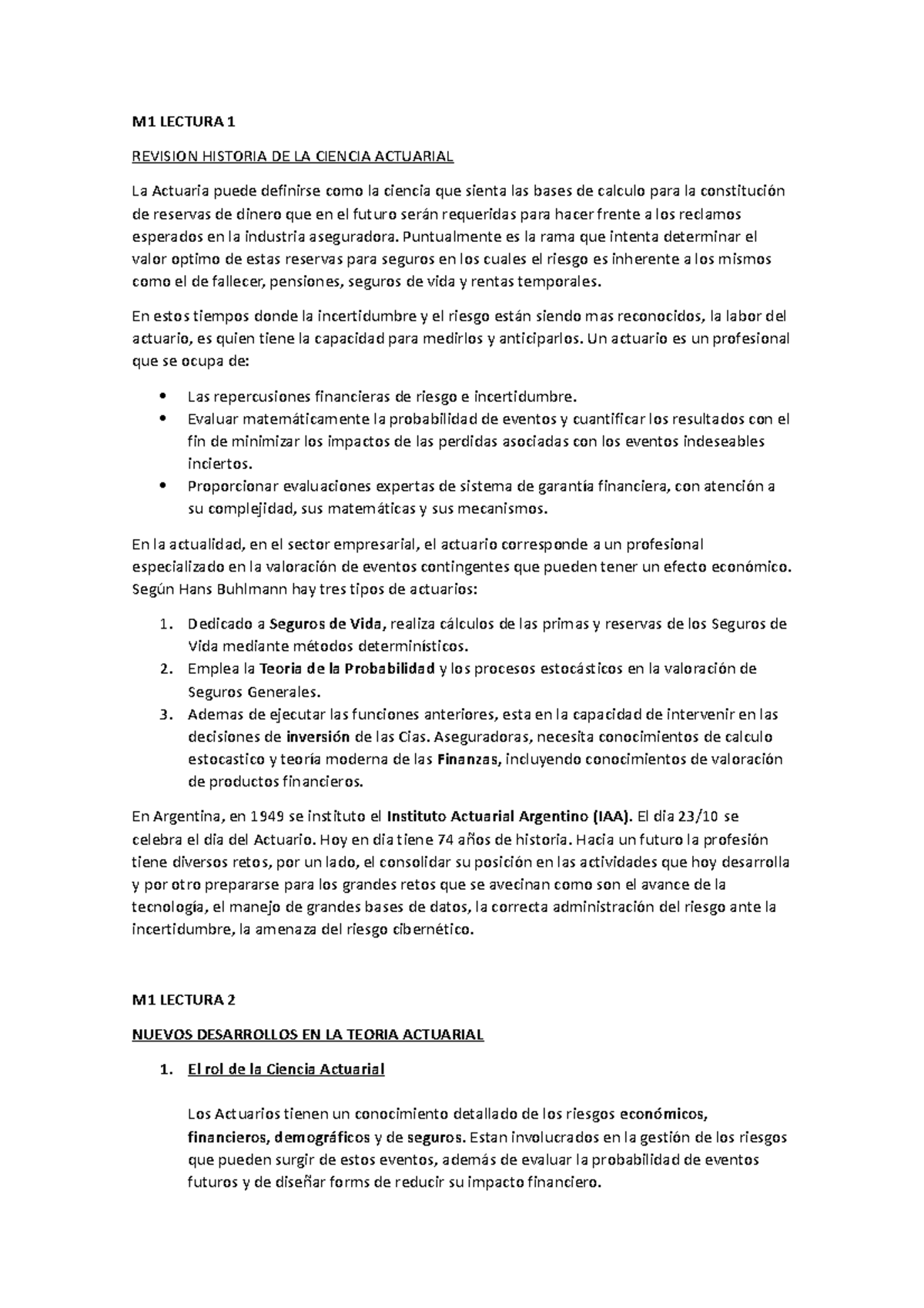 Resumen introduccion al actuario - M1 LECTURA 1 REVISION HISTORIA DE LA ...