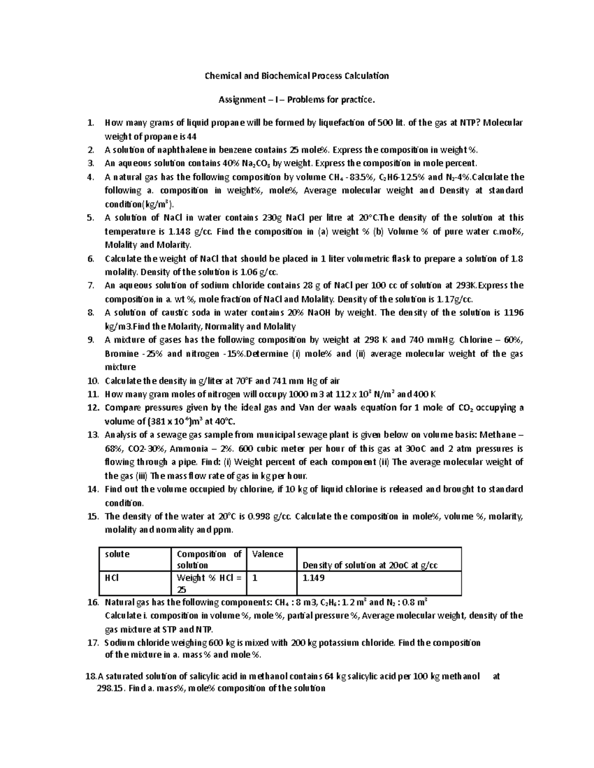 Assignment-1 Problems - Chemical and Biochemical Process Calculation Assignment – I – Problems ...