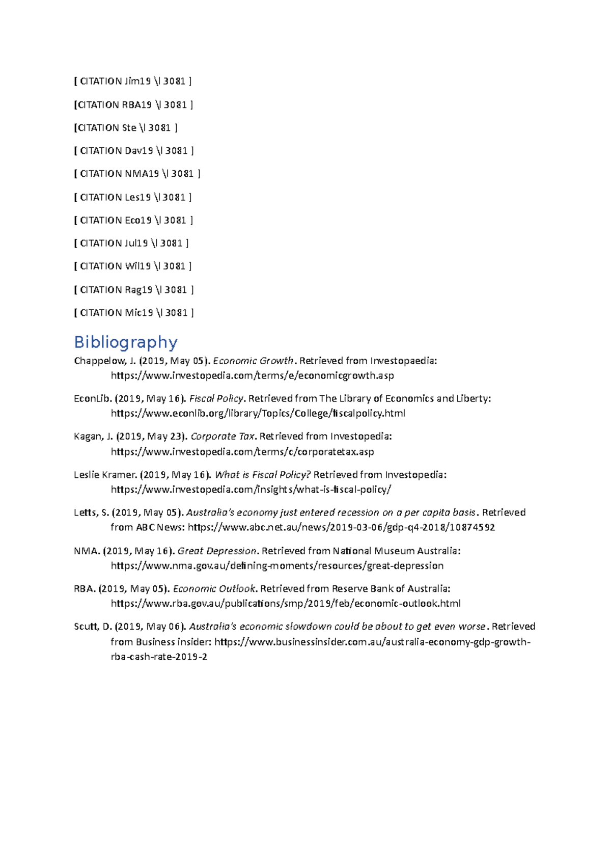 Eco Assignment Bibliography and references - [ CITATION Jim19 \l 3081 ...