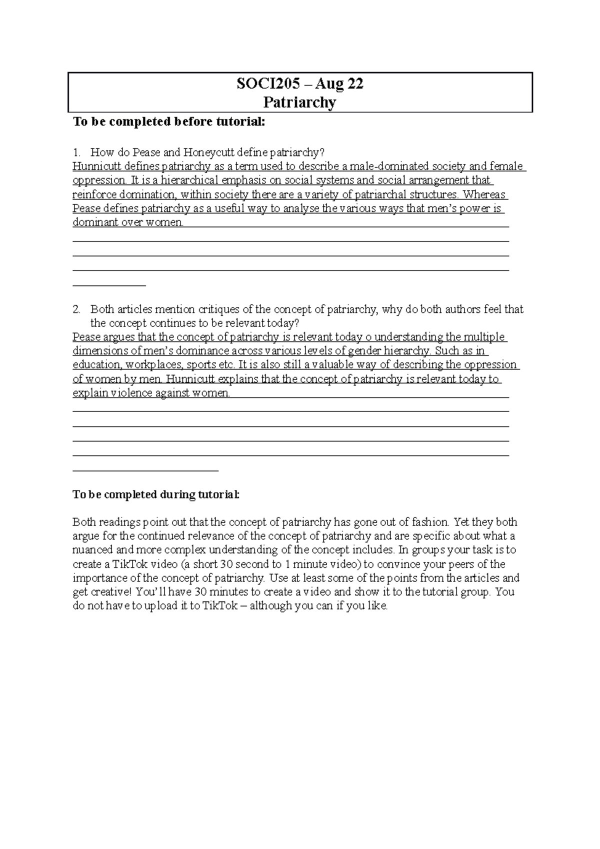 Weekly Worksheet 22 August 2022 - SOCI205 – Aug 22 Patriarchy To be ...