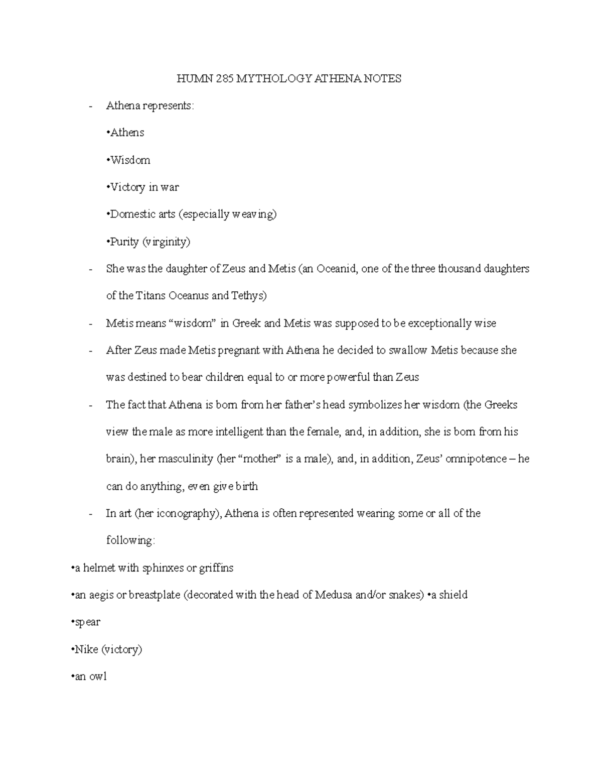 HUMN 285 Mythology Athena Notes - HUMN 285 MYTHOLOGY ATHENA NOTES ...