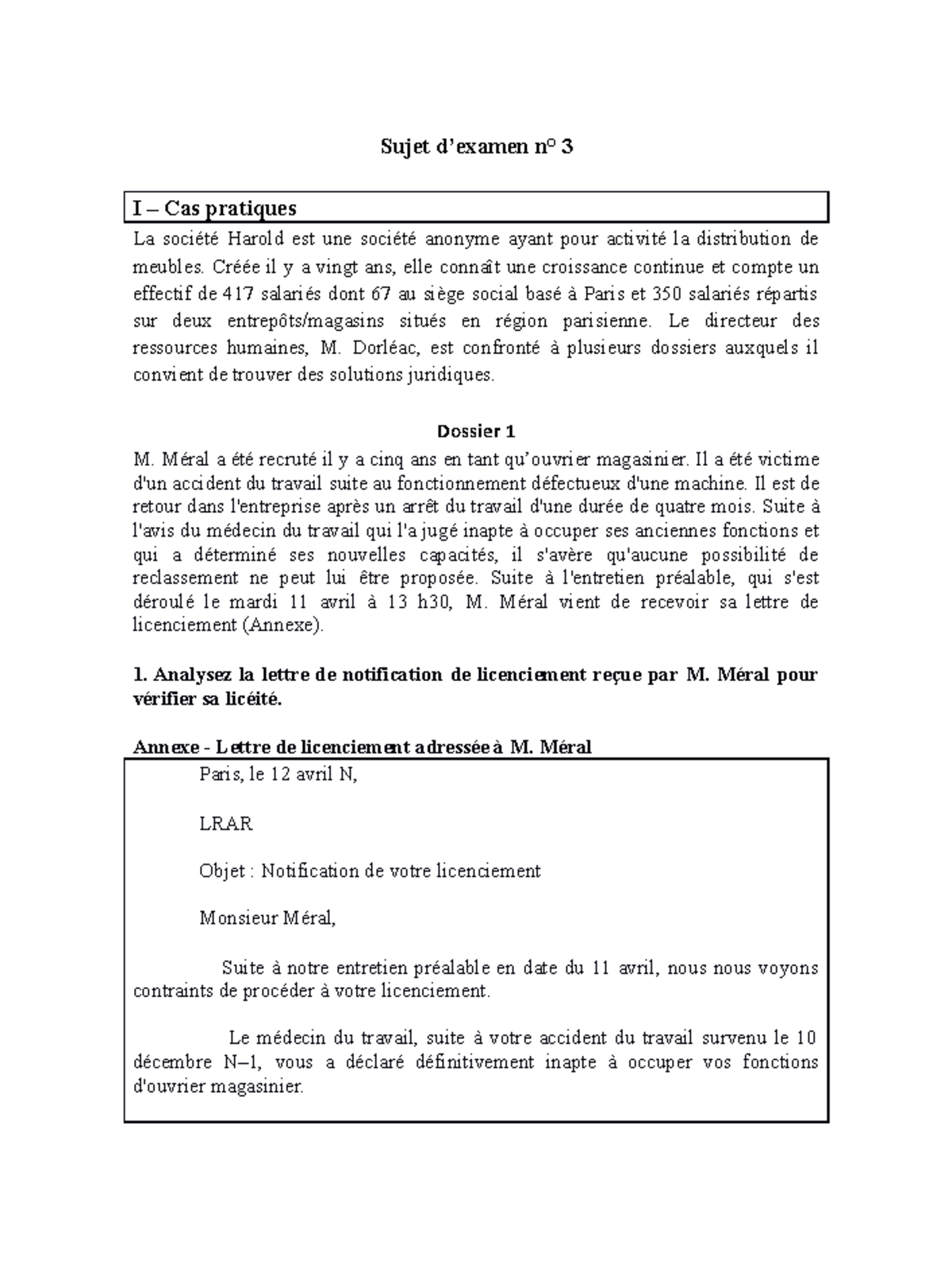 Droit-social sujet-examen 3 - Sujet d’examen n° 3 I – Cas pratiques La ...