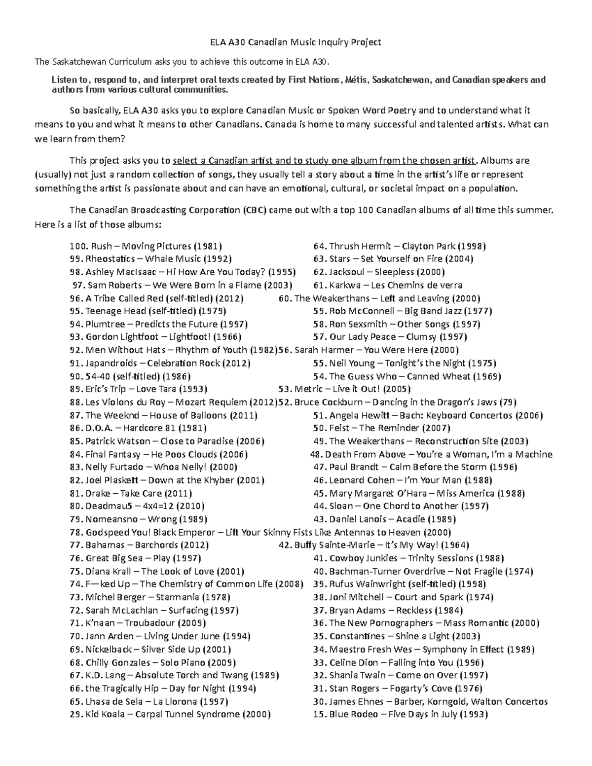 Canadian Music Project - ELA A30 Canadian Music Inquiry Project The ...