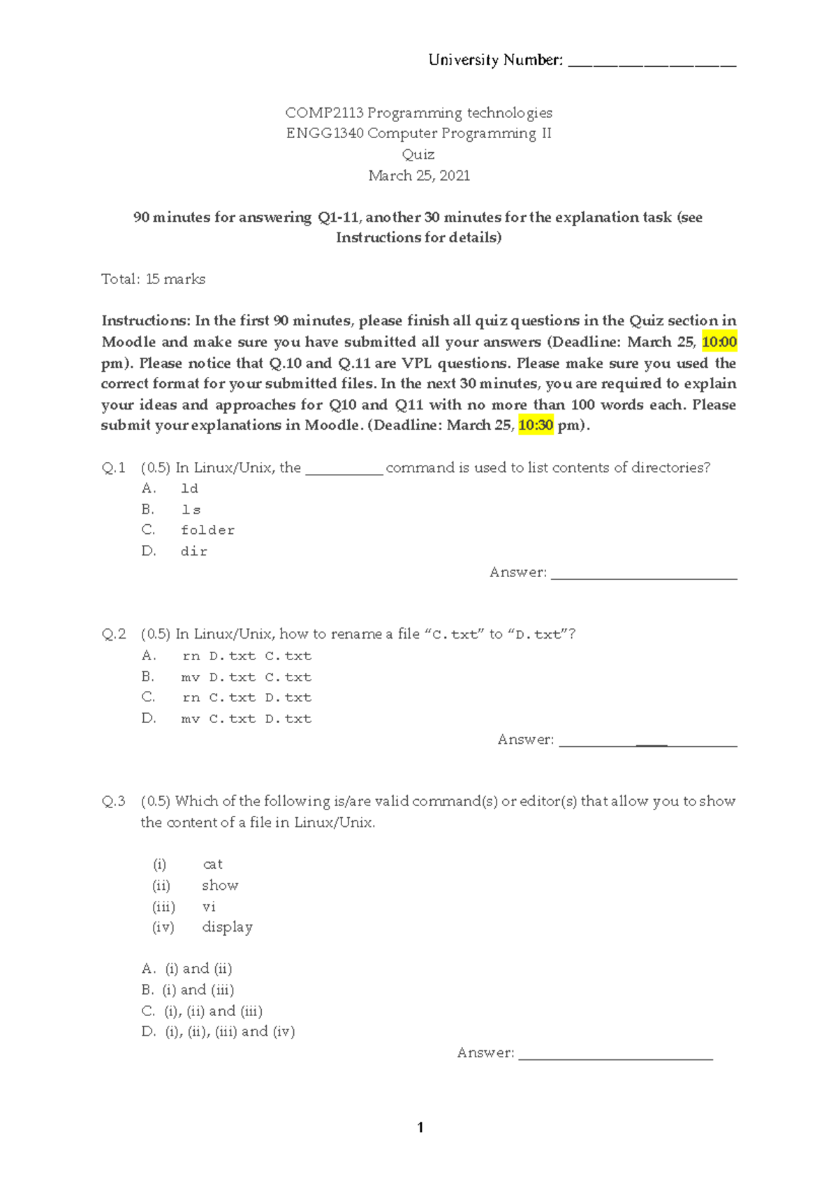 Quiz paper - The quiz for the mid-term test for our course COMP2113 ...