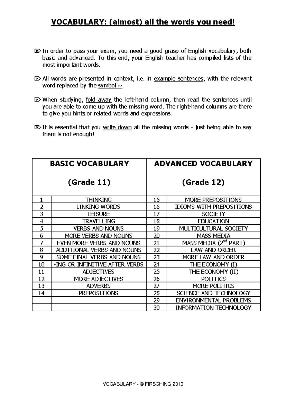 Advanced Vocabulary - VOCABULARY: (almost) all the words you need! In order to pass your exam ...