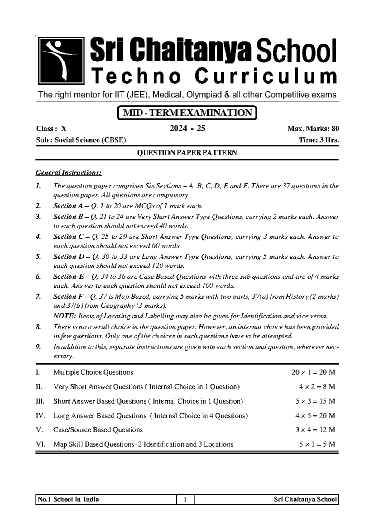 Social Science (CBSE) Class X Mid Term QP Pattern (2024-25) 80 Marks (Revised) - No School in ...