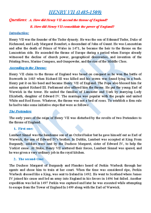 HENRY VII (1485-1509) - HENRY VII (1485-1509) Questions: A. Describe ...