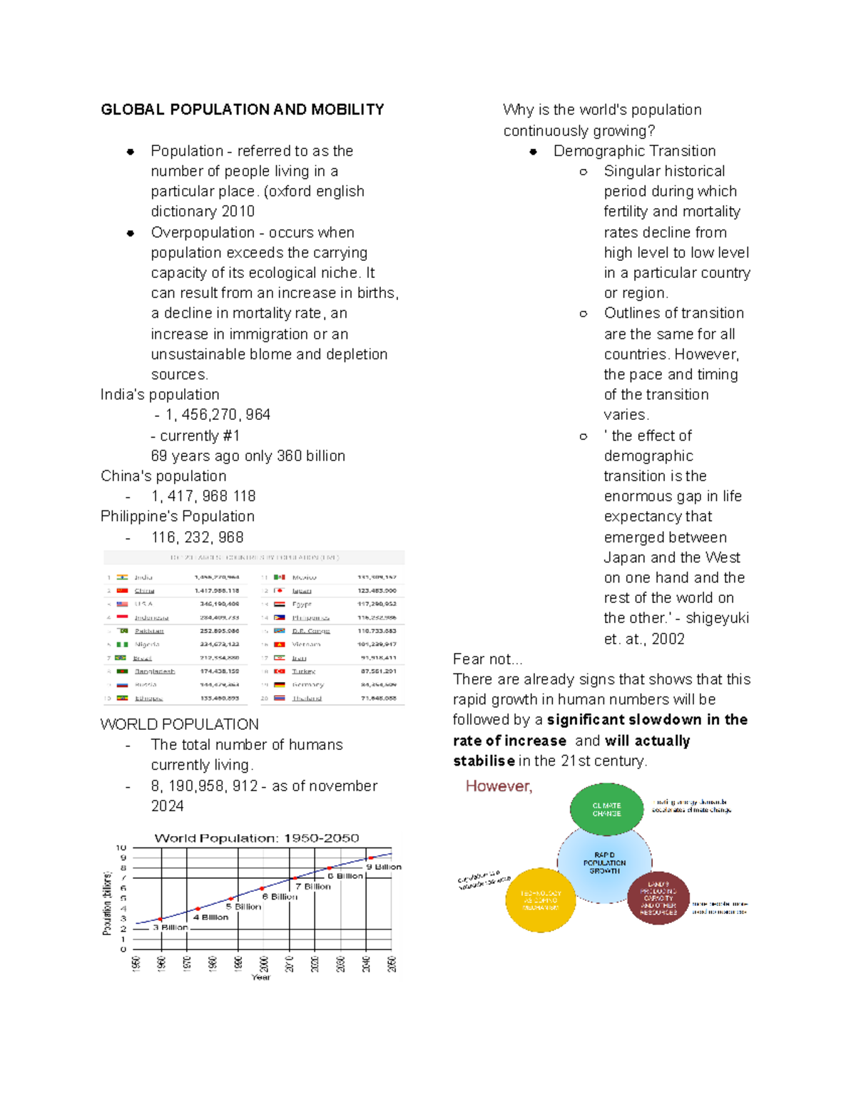 Global population - notes - GLOBAL POPULATION AND MOBILITY Population ...