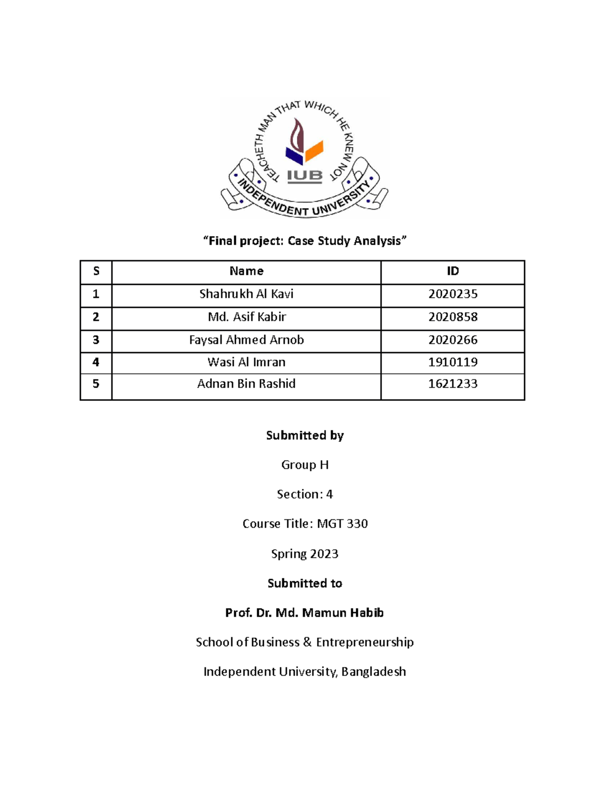 MGT 330 Final Report 1 - “Final project: Case Study Analysis” S Name ID ...