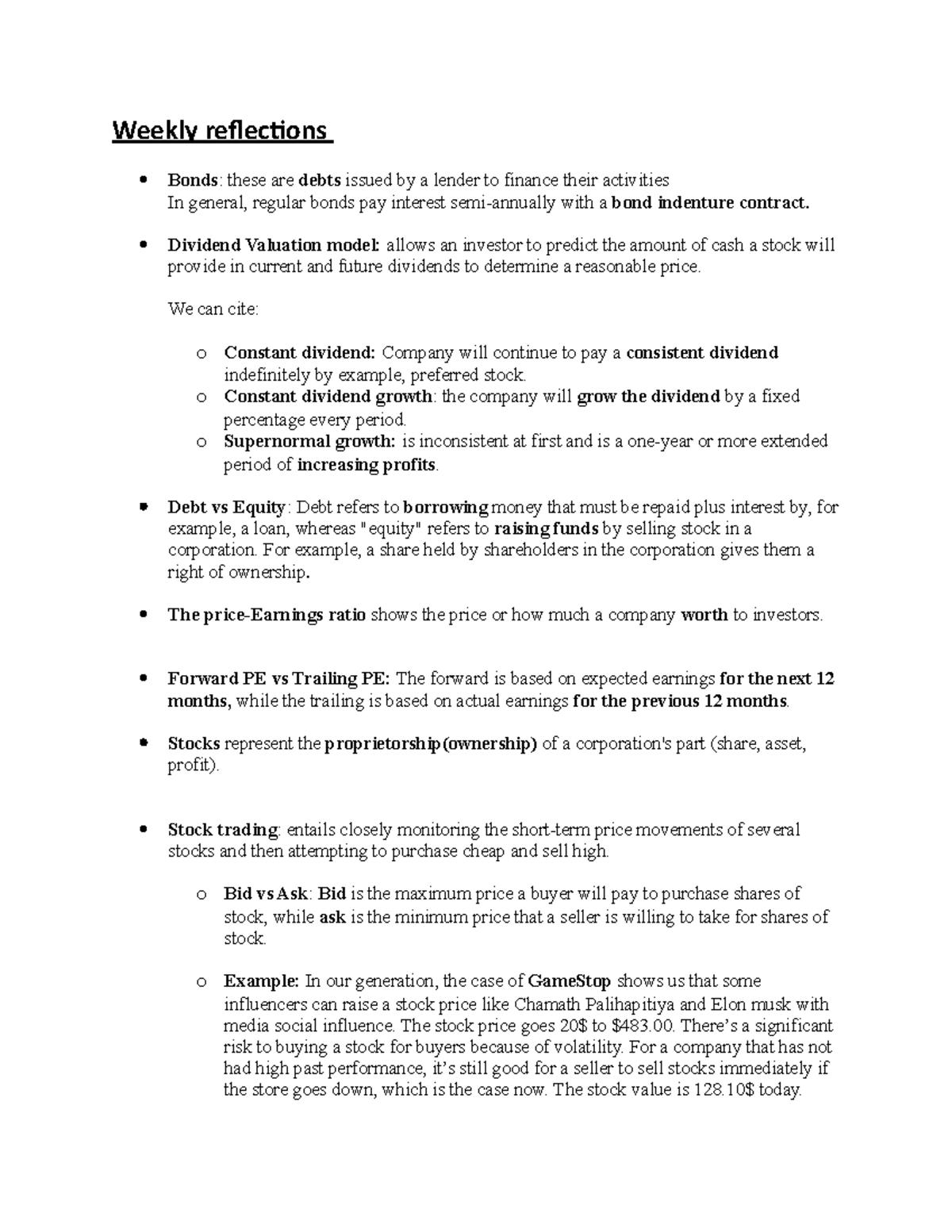 Weekly reflections 5 - Weekly reflections Bonds: these are debts issued ...