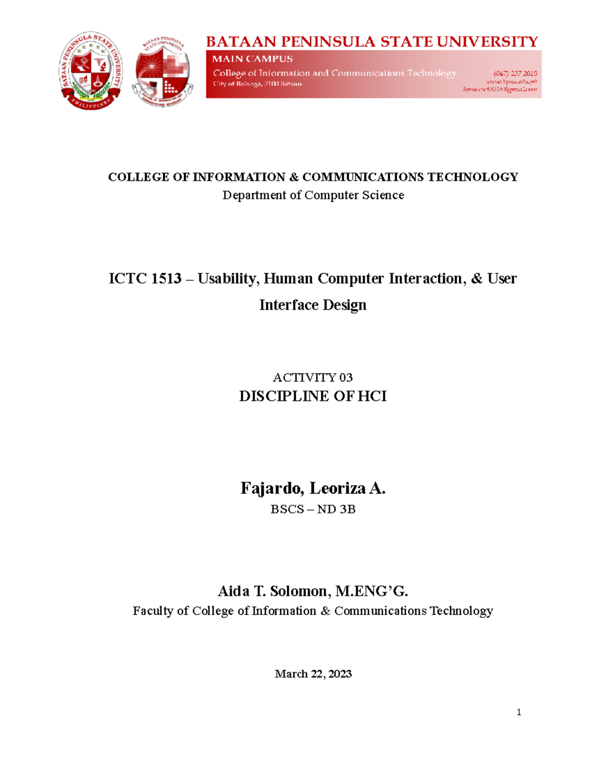 Activity computer science - COLLEGE OF INFORMATION & COMMUNICATIONS ...