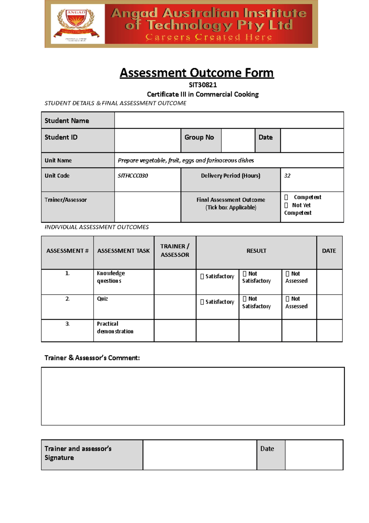 SAB Sitccc 030 June 2023 Student version - Assessment Outcome Form SIT ...