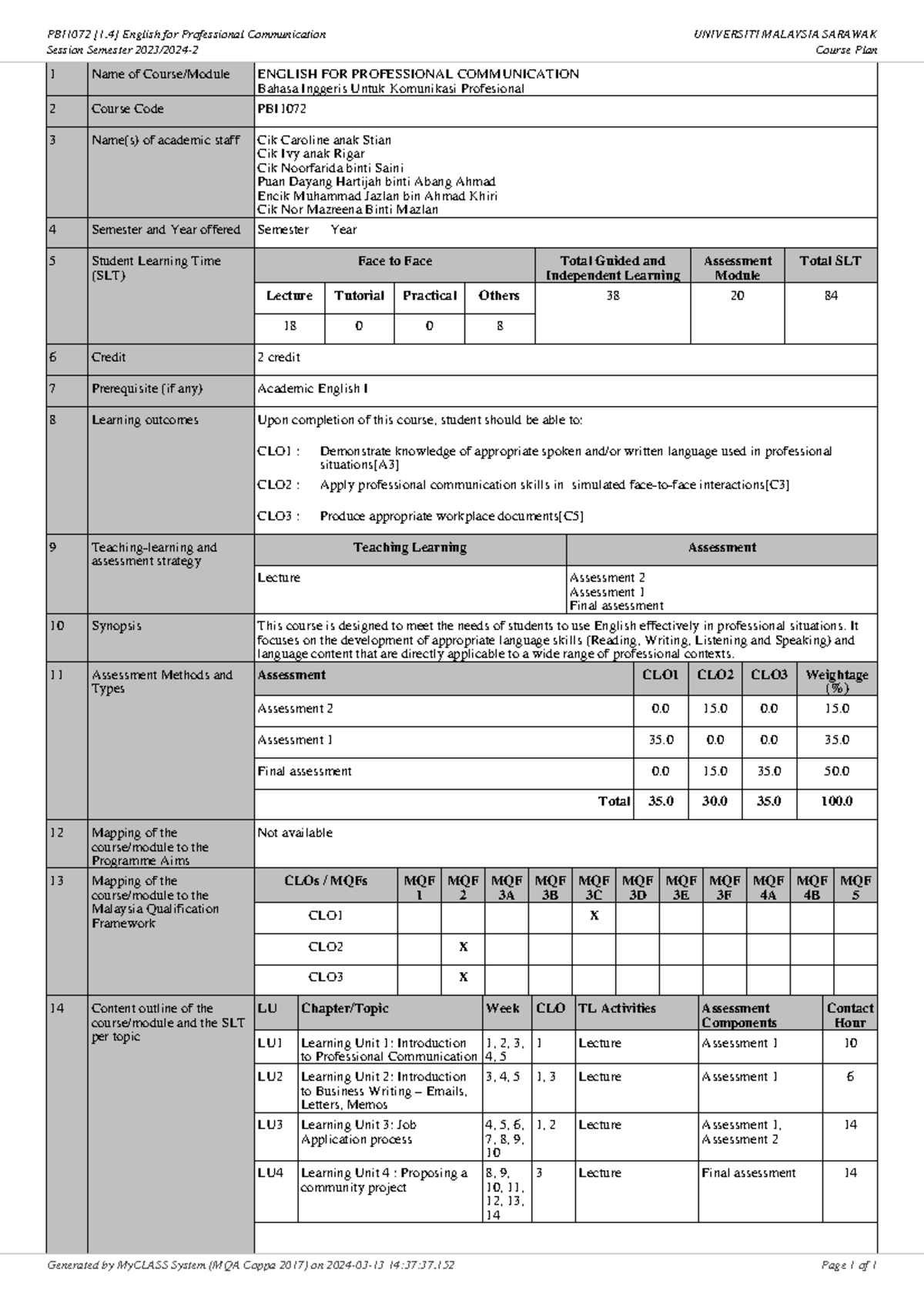 1. PBI1072 EPC Course Plan Sem2,23-24 - 1 Name of Course/Module ENGLISH ...