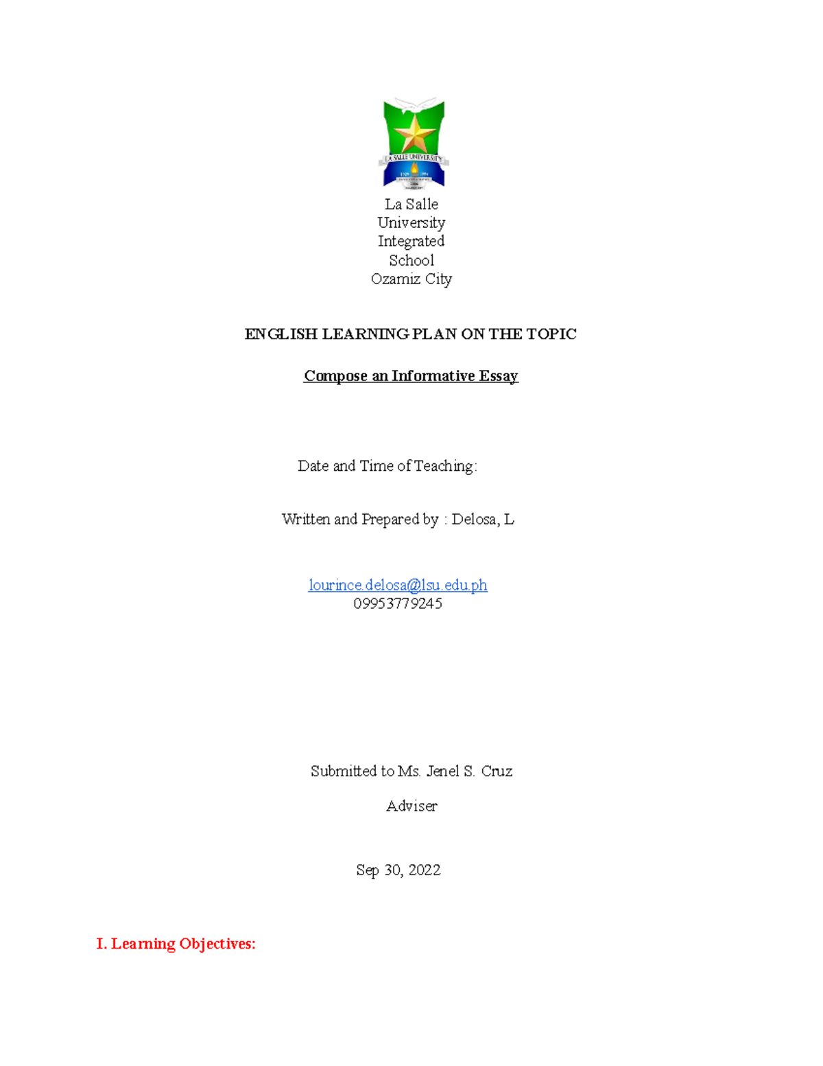 4A's Formative Essay - lesson plan 4as - La Salle University Integrated ...