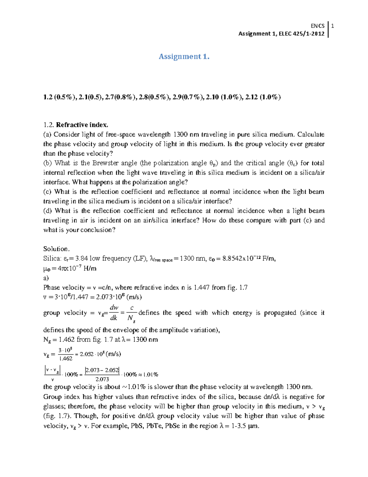 ELEC425-assignment 1-solutions explaining how the question from ...
