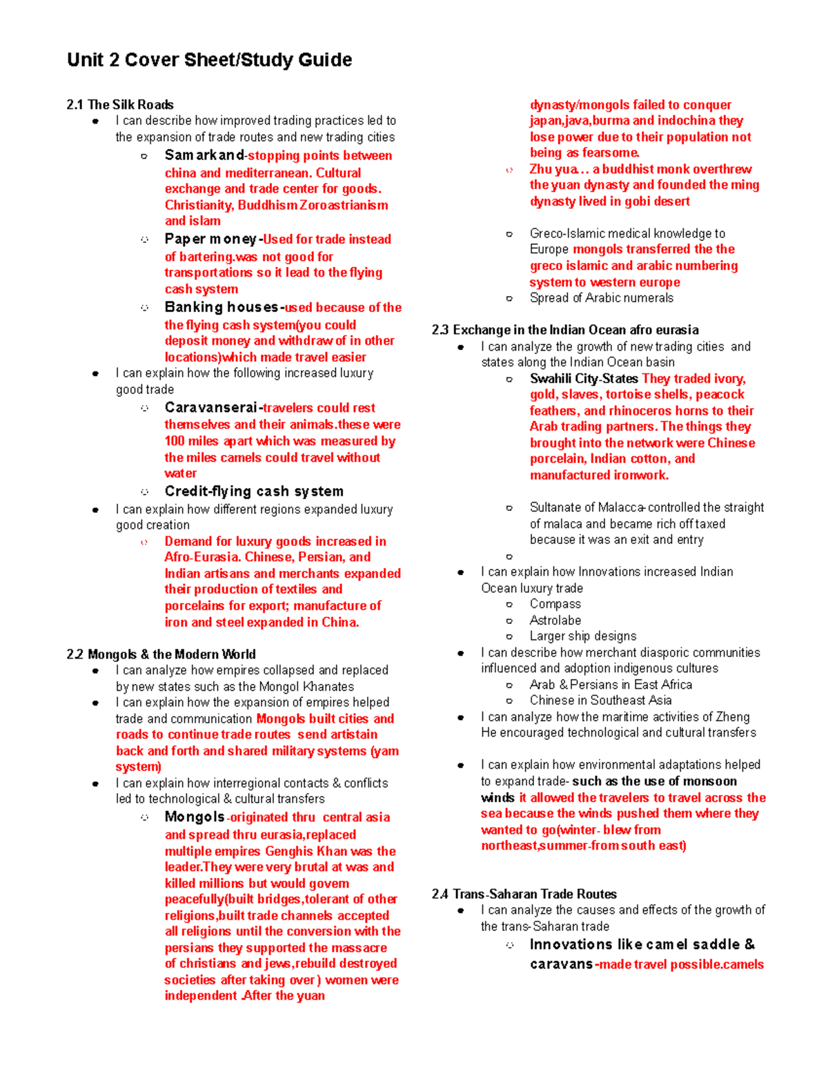 Copy of Unit 2 Cover Sheet Study Guide - Unit 2 Cover Sheet/Study Guide ...