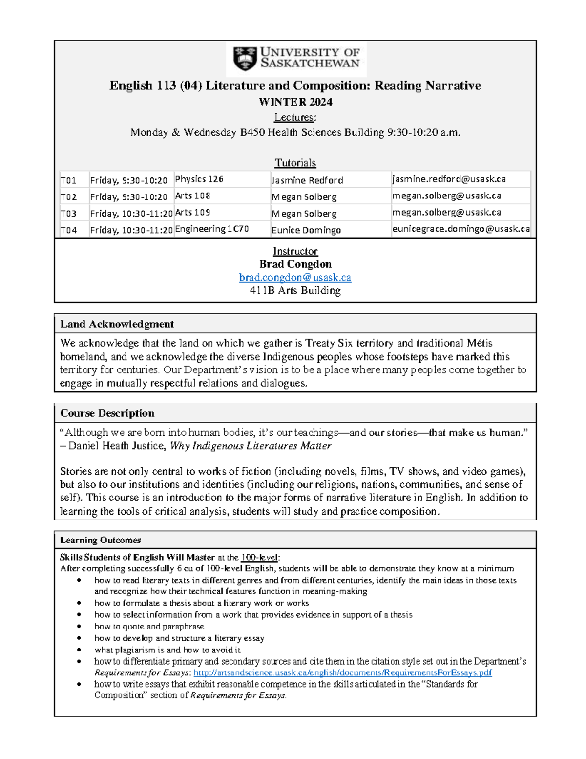 ENG 113 (04) Course Outline F2023 Congdon 1 - English 113 ( 04 ...