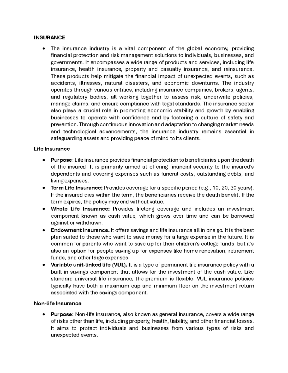 Insurance Specialized Industries Notes - INSURANCE The insurance ...